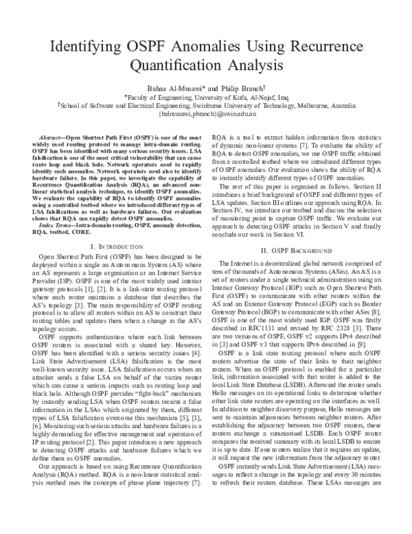 (PDF) Identifying OSPF Anomalies Using Recurrence Quantification Analysis