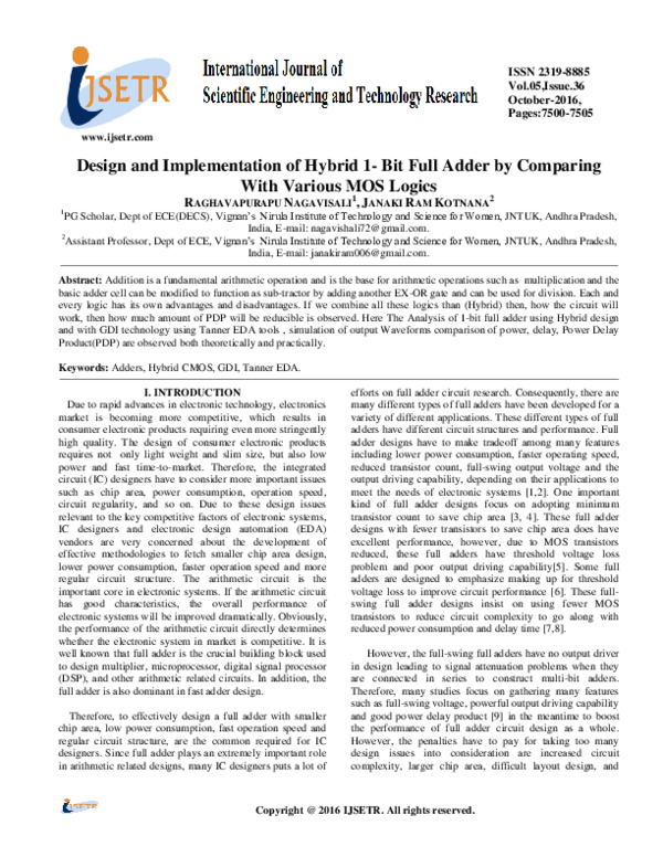 Pdf Design And Implementation Of Hybrid 1 Bit Full Adder By Comparing With Various Mos Logics