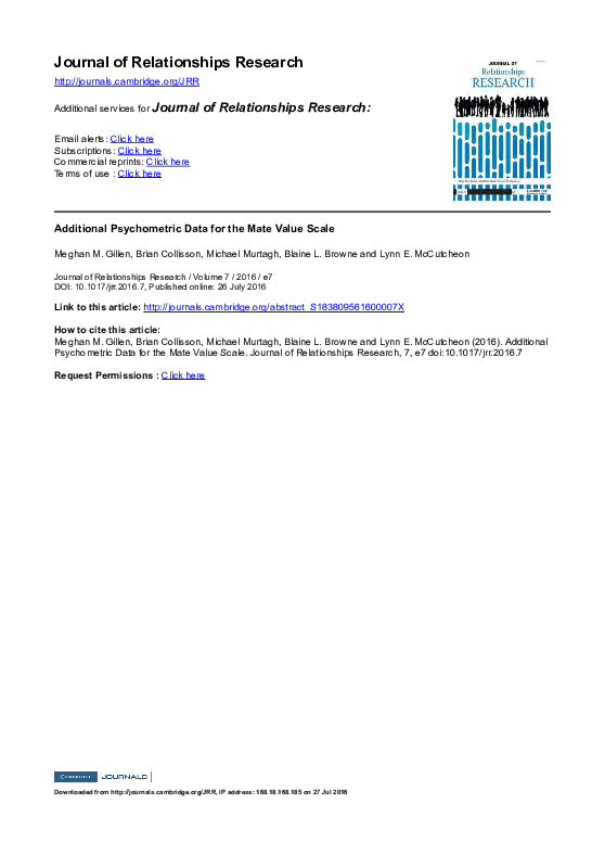 (PDF) Additional Psychometric Data for the Mate Value Scale