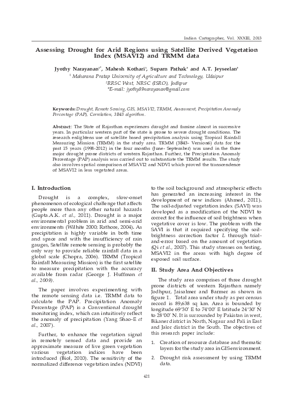 Pdf Assessing Drought For Arid Regions Using Satellite Derived Vegetation Index Msavi2 And
