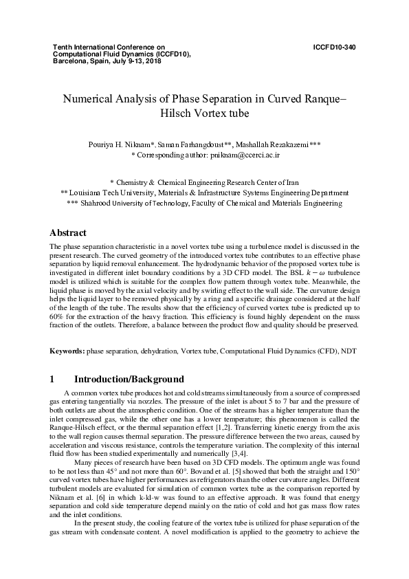 (PDF) Numerical Analysis of Phase Separation in Curved Ranque- Hilsch Vortex tube