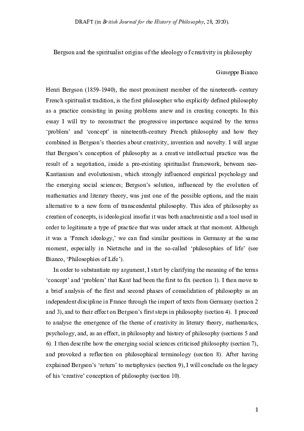 (PDF) Bergson and the spiritualist origins of the ideology of creativity