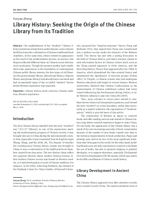 (PDF) Library History: Seeking the Origin of the Chinese Library from ...