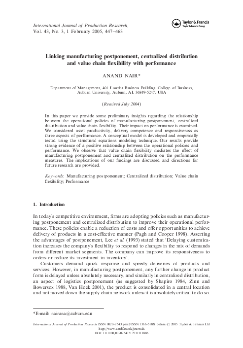 (PDF) Linking manufacturing postponement, centralized distribution and value chain flexibility ...