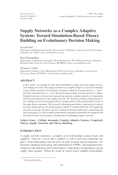 (PDF) Supply Networks as a Complex Adaptive System: Toward Simulation-Based Theory Building on ...