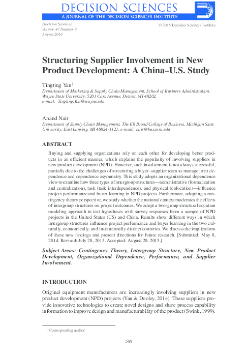 (PDF) Structuring Supplier Involvement in New Product Development: A China-U.S. Study
