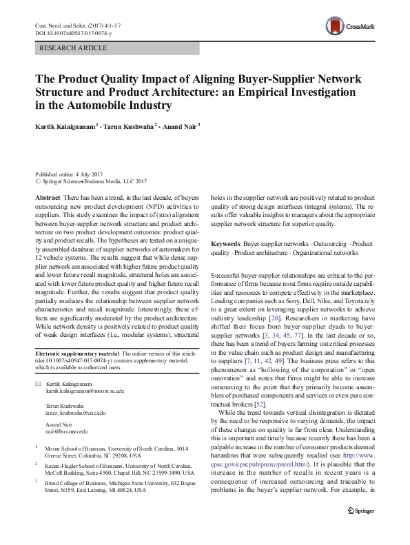 (PDF) The Product Quality Impact of Aligning Buyer-Supplier Network ...