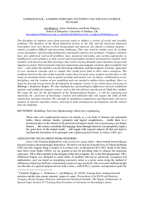 (PDF) LOOKING BACK -LOOKING FORWARD; STATISTICS AND THE DATA SCIENCE TSUNAMI 1
