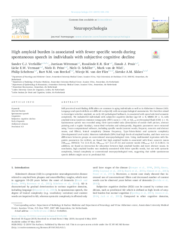 (PDF) High amyloid burden is associated with fewer specific words during spontaneous speech in ...