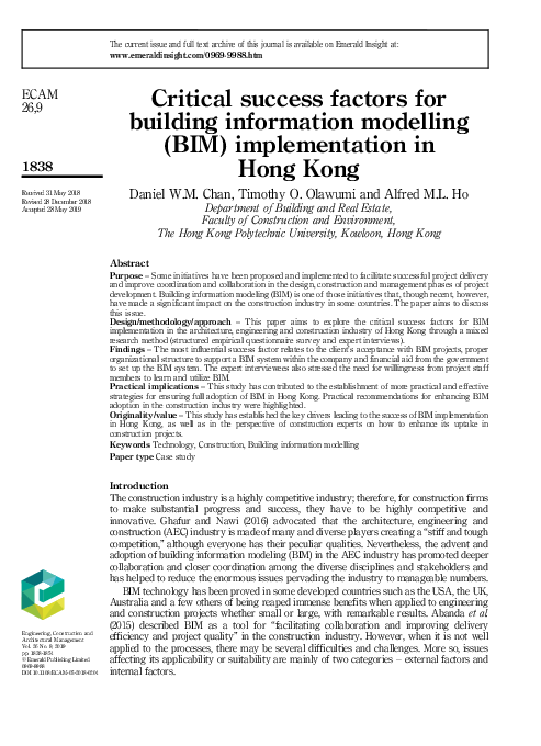 (PDF) Critical Success Factors for Building Information Modelling (BIM) Implementation in Hong Kong