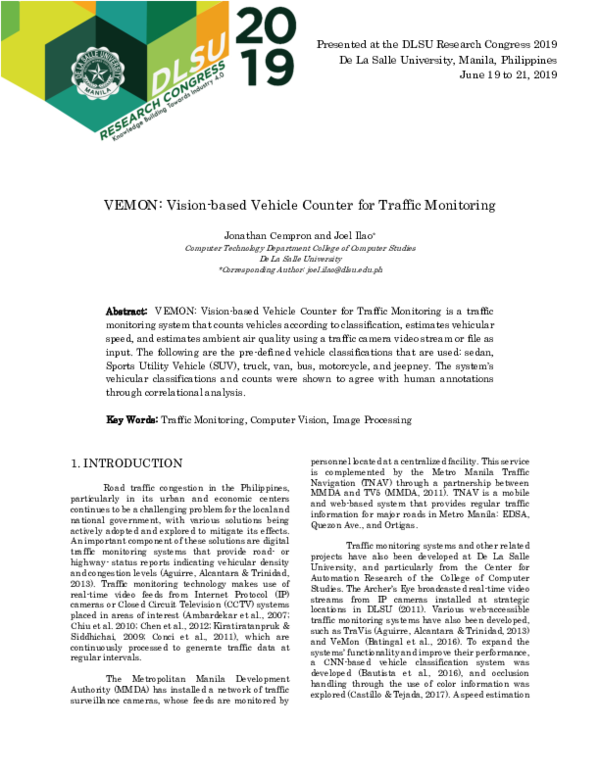 (PDF) VEMON: Vision-based Vehicle Counter for Traffic Monitoring