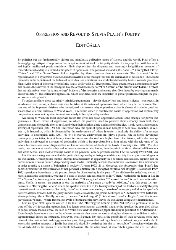 (DOC) Oppression and Revolt in Sylvia Plath's Poetry