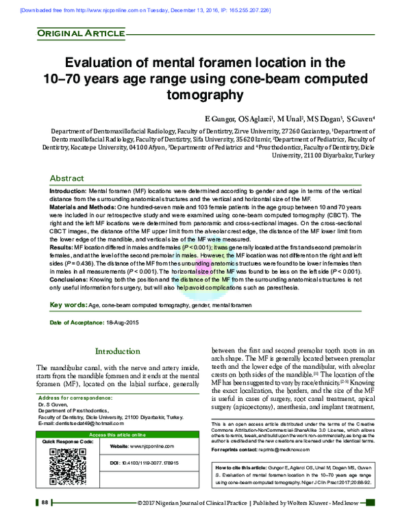 Pdf Evaluation Of Mental Foramen Location In The 10 70 Years Age Range Using Cone‑beam