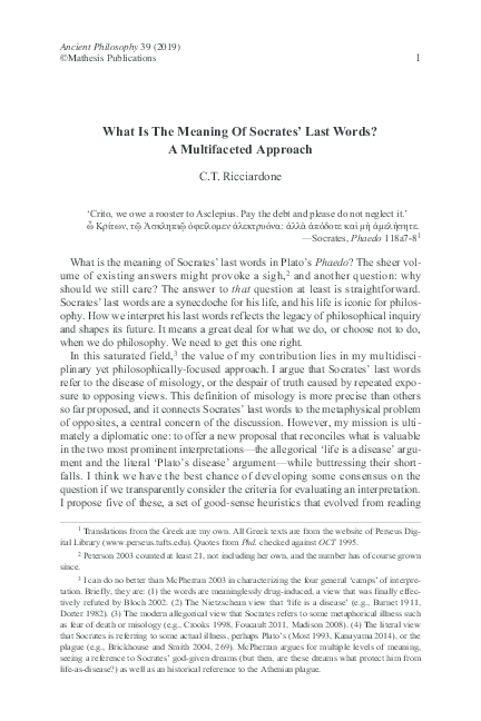 (PDF) What Is The Meaning Of Socrates' Last Words? A Multifaceted Approach