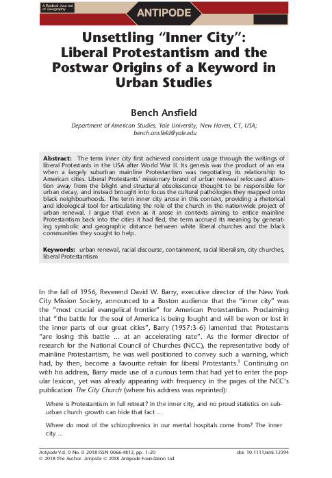 (PDF) "Unsettling 'Inner City': Liberal Protestantism and the Postwar ...
