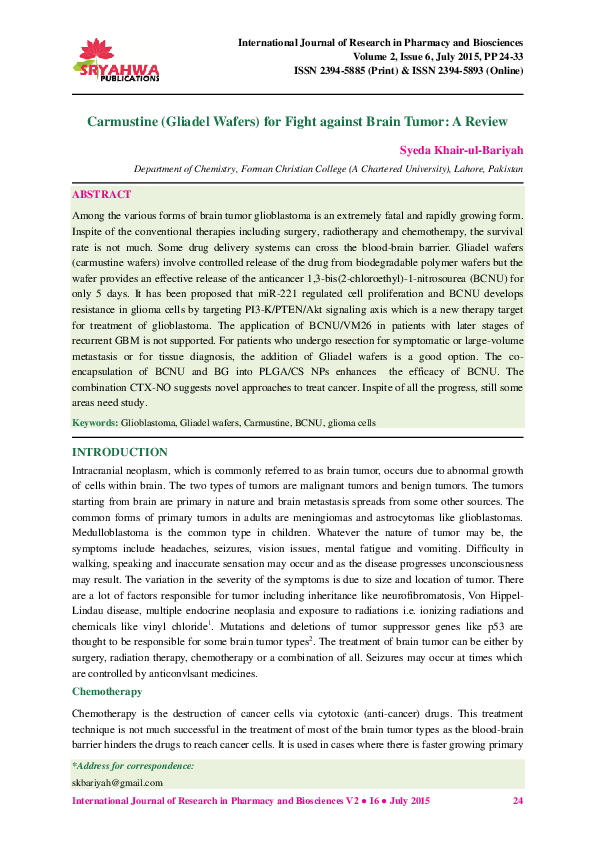 (PDF) Carmustine (Gliadel Wafers) for Fight against Brain Tumor: A Review
