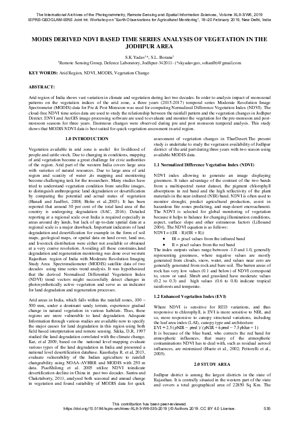 (PDF) MODIS DERIVED NDVI BASED TIME SERIES ANALYSIS OF V