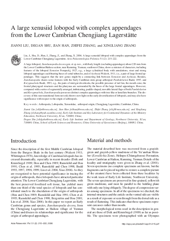 (PDF) A large xenusiid lobopod with complex appendages from the Lower ...