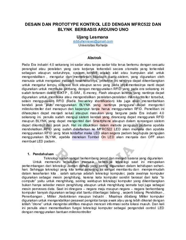 Pdf Desain Kontrol Led Dengan Mfrc522 Dan Blynk Berbasis Arduino Uno