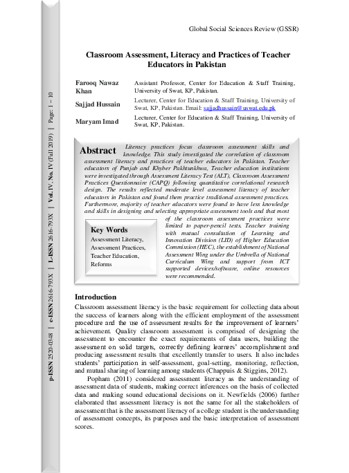 (PDF) Classroom Assessment, Literacy and Practices of Teacher Educators in Pakistan