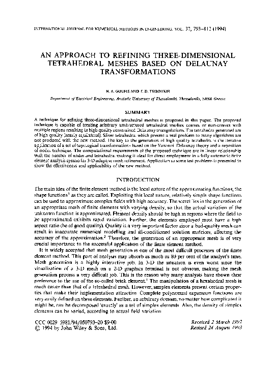 Pdf An Approach To Refining Three Dimensional Tetrahedral Meshes Based On Delaunay Transformations