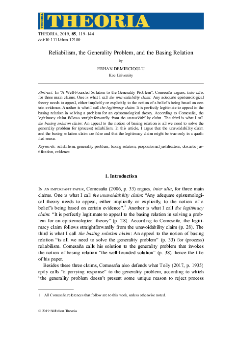 (PDF) (Theoria_2019) Reliabilism, the Generality Problem, and the ...