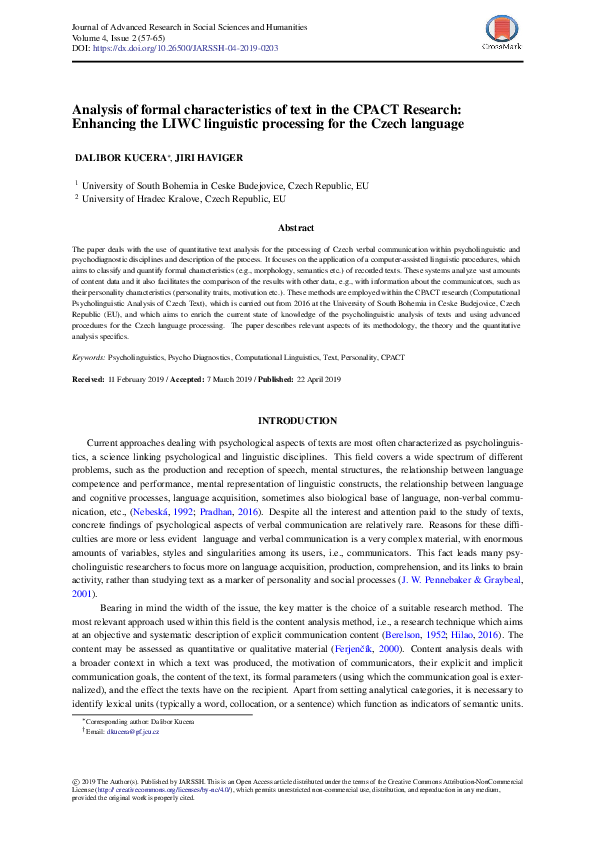 (PDF) Analysis of formal characteristics of text in the CPACT Research: Enhancing the LIWC ...