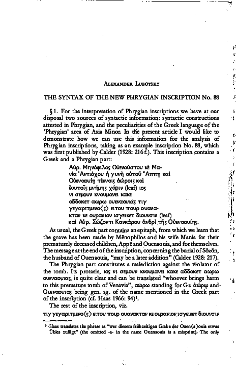 (PDF) The syntax of the New Phrygian inscription No. 88.