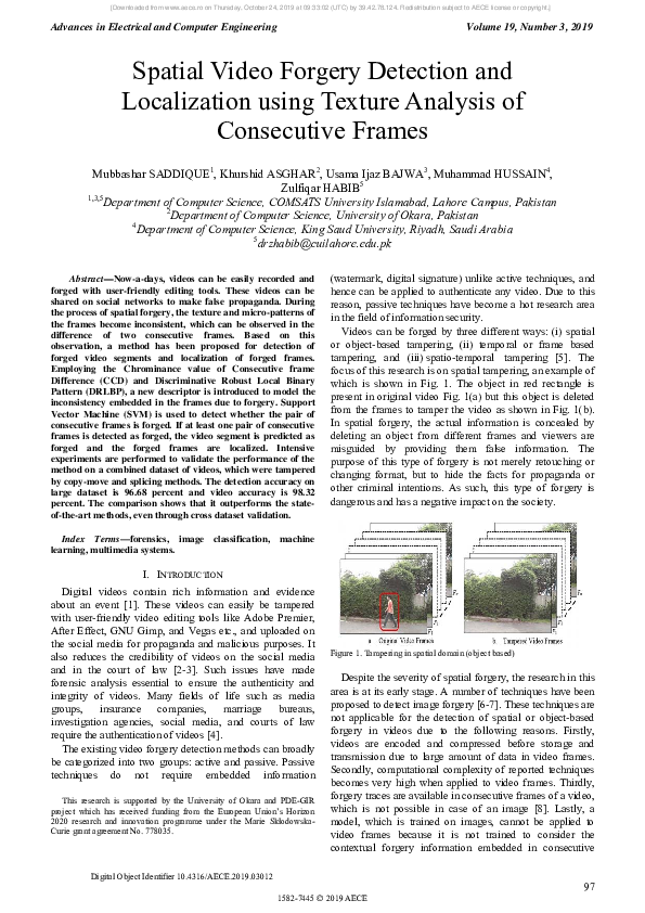 Pdf Spatial Video Forgery Detection And Localization Using Texture Analysis Of Consecutive Frames
