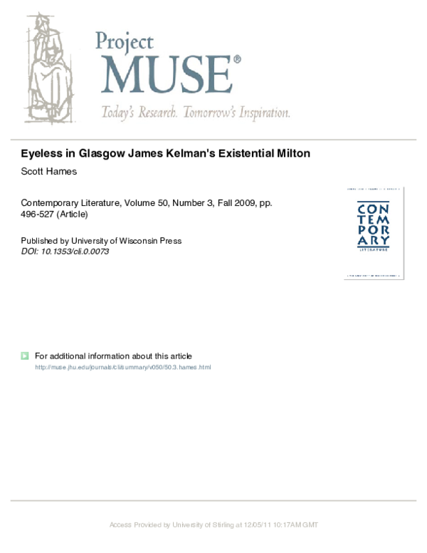 (PDF) Eyeless in Glasgow: James Kelman's Existential Milton | Scott ...