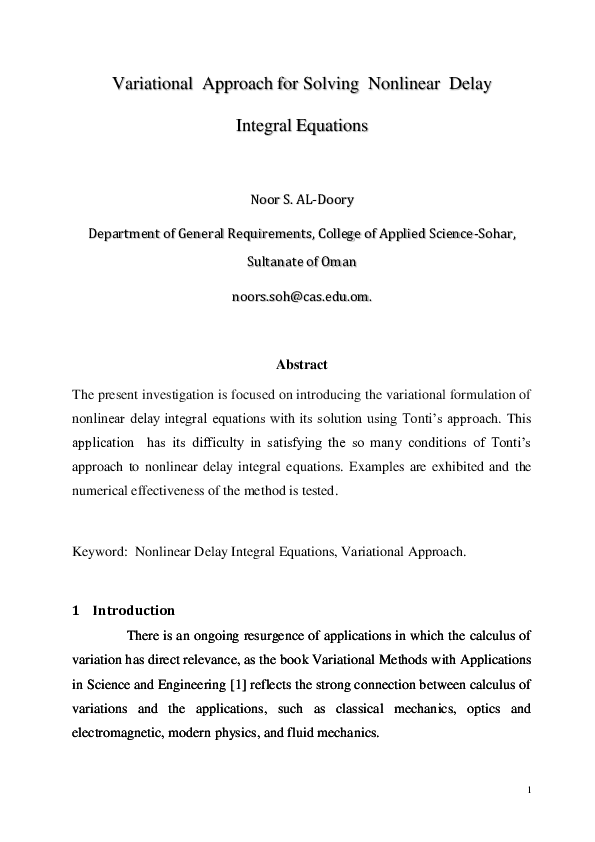 Pdf Variational Approach For Solving Nonlinear Delay Integral Equations