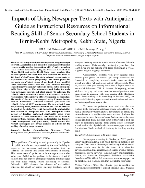 (PDF) Impacts of Using Newspaper Texts with Anticipation Guide as ...