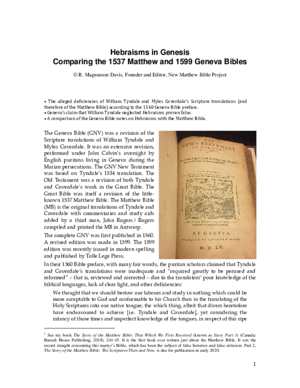 (PDF) Hebraisms in Genesis: Comparing the 1537 Matthew and 1599 Geneva ...