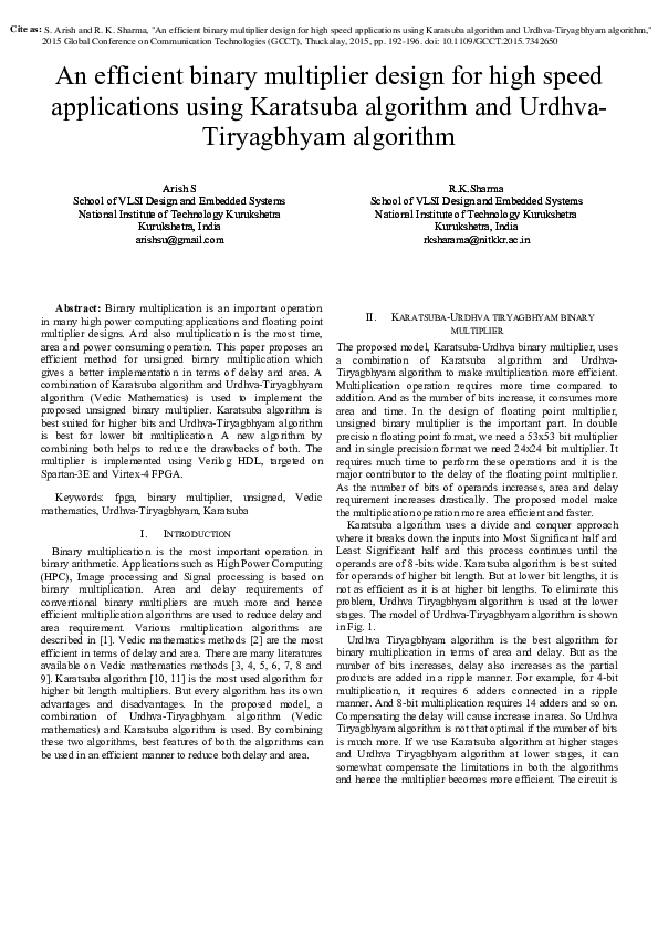 (PDF) An efficient binary multiplier design for high speed applications using Karatsuba ...