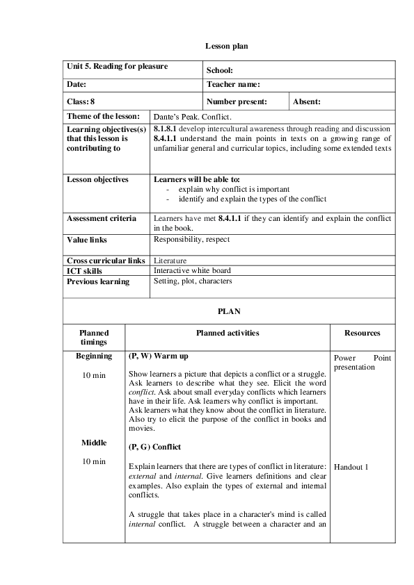 (DOC) Lesson plan Unit 5. Reading for pleasure