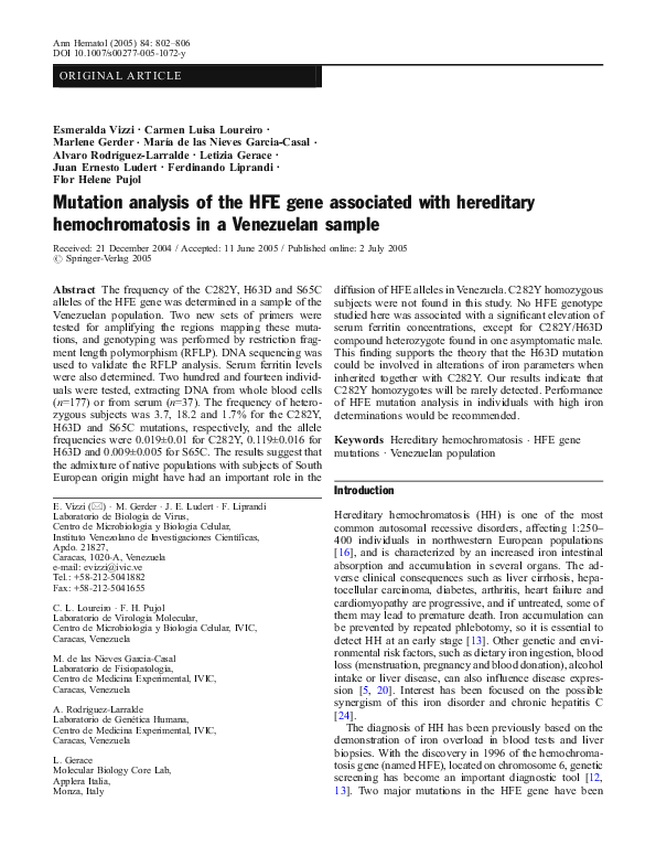 (PDF) Mutation analysis of the HFE gene associated with hereditary ...