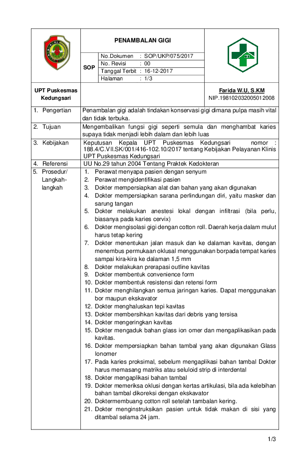 (DOC) SOP PENAMBALAN GIGI