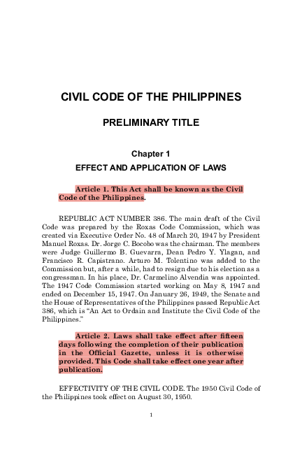 (PDF) CIVIL CODE OF THE PHILIPPINES PRELIMINARY TITLE Chapter 1 EFFECT ...