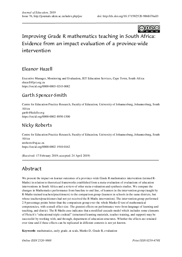 (PDF) Improving Grade R mathematics teaching in South Africa: Evidence ...