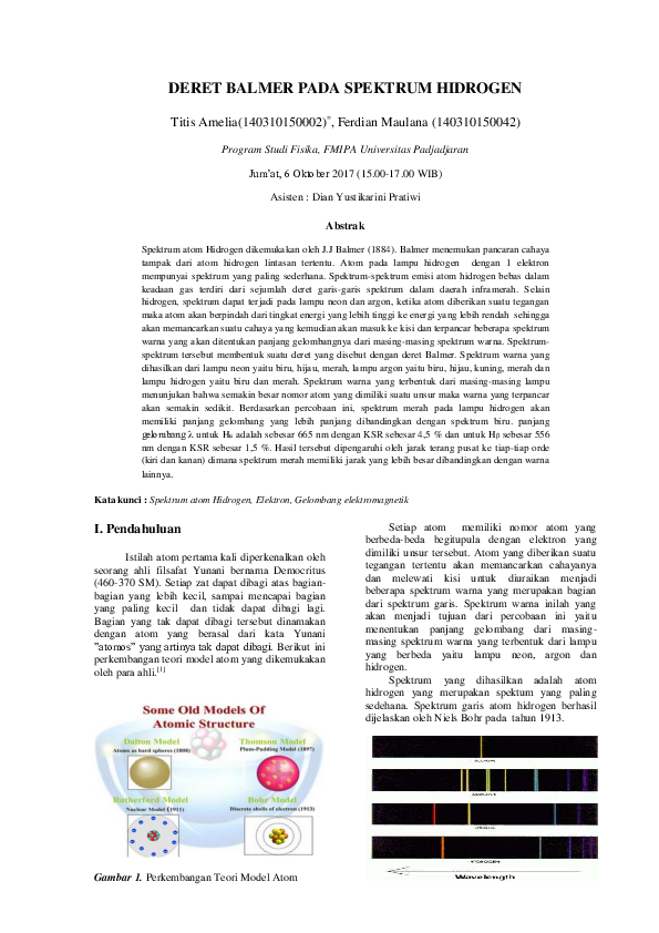 (PDF) Deret Balmer Pada Spektrum Hidrogen