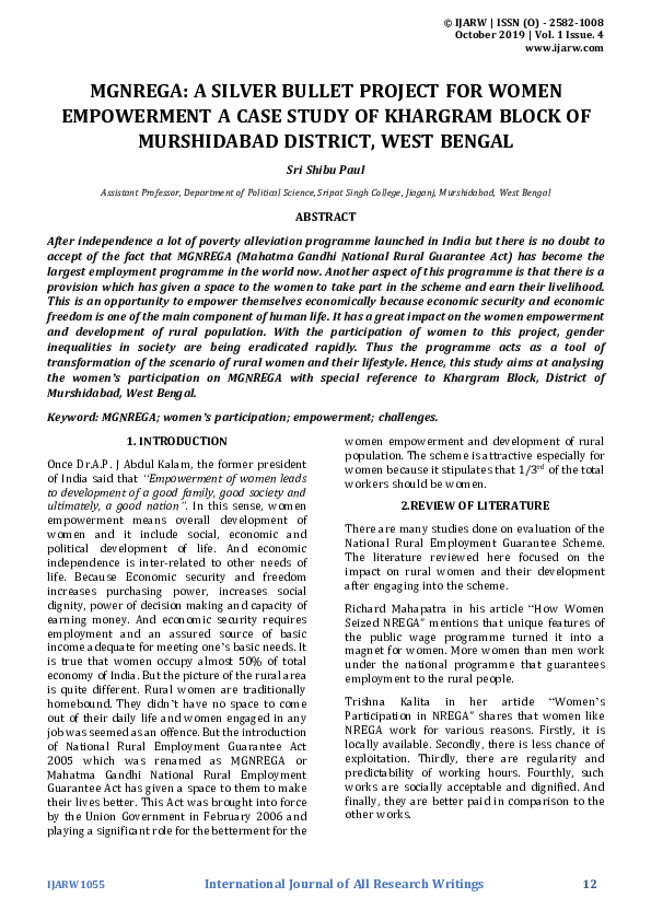 (PDF) MGNREGA: A SILVER BULLET PROJECT FOR WOMEN EMPOWERMENT A CASE STUDY OF KHARGRAM BLOCK OF ...