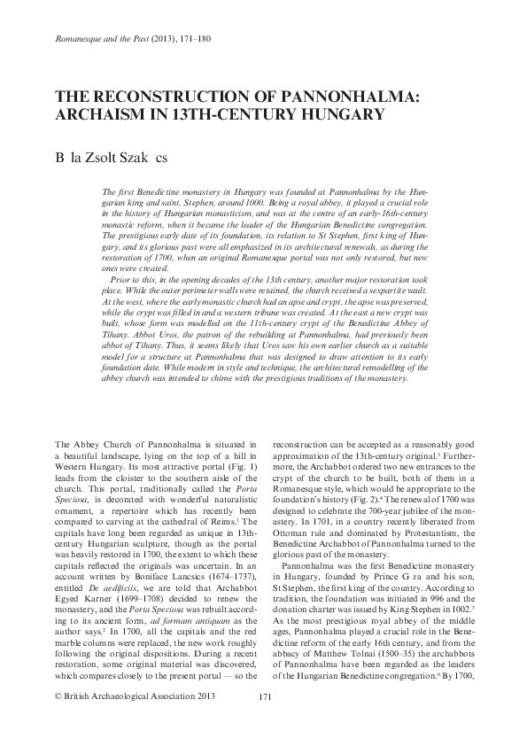 (PDF) THE RECONSTRUCTION OF PANNONHALMA: ARCHAISM IN 13TH-CENTURY HUNGARY