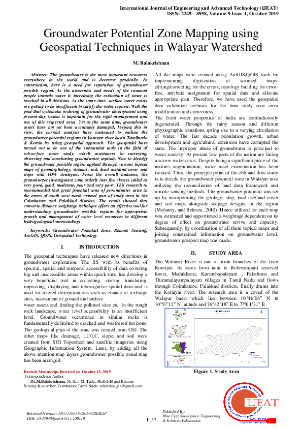 Pdf Groundwater Potential Zone Mapping Using Geospatial Techniques In Walayar Watershed