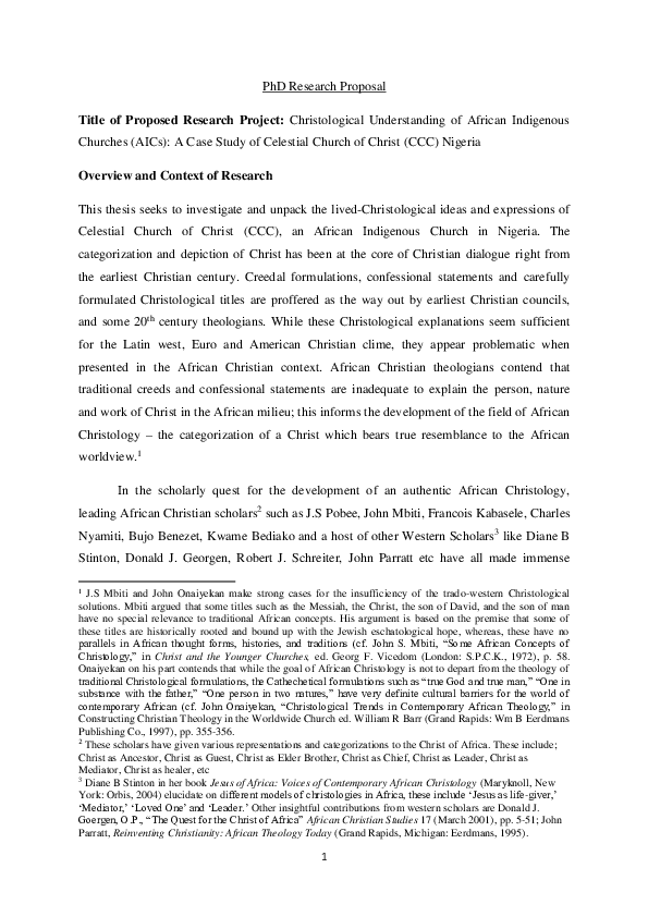 (DOC) Final Phd Proposal on Christology in AIC Context