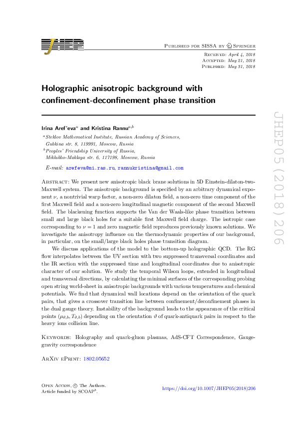 (PDF) JHEP 05 206 Holographic anisotropic background with confinement ...