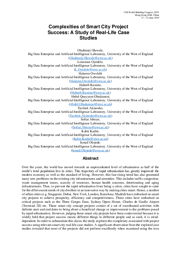 (PDF) Complexities of Smart City Project Success: A Study of Real-Life ...