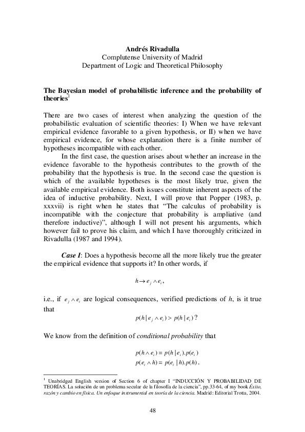 (PDF) The Bayesian model of probabilistic inference and the probability of theories 1