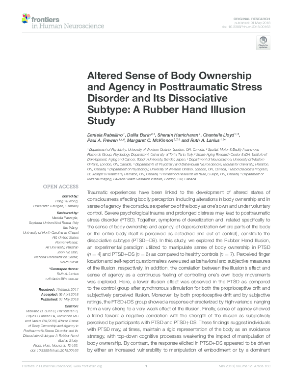 (PDF) Altered Sense of Body Ownership and Agency in Posttraumatic ...