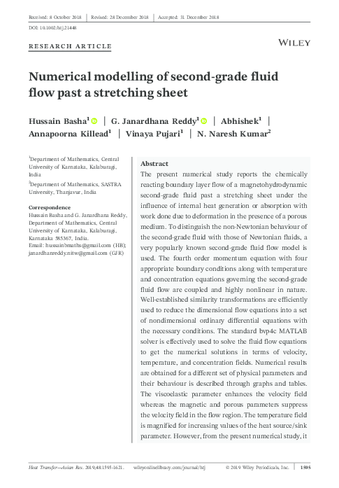 (PDF) Numerical modelling of second-grade fluid flow past a stretching sheet