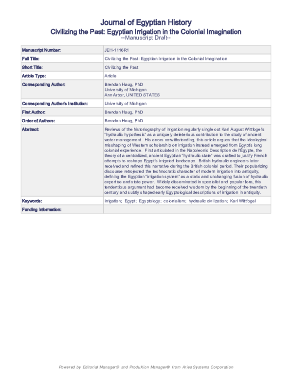 (PDF) Civilizing the Past: Egyptian Irrigation in the Colonial Imagination